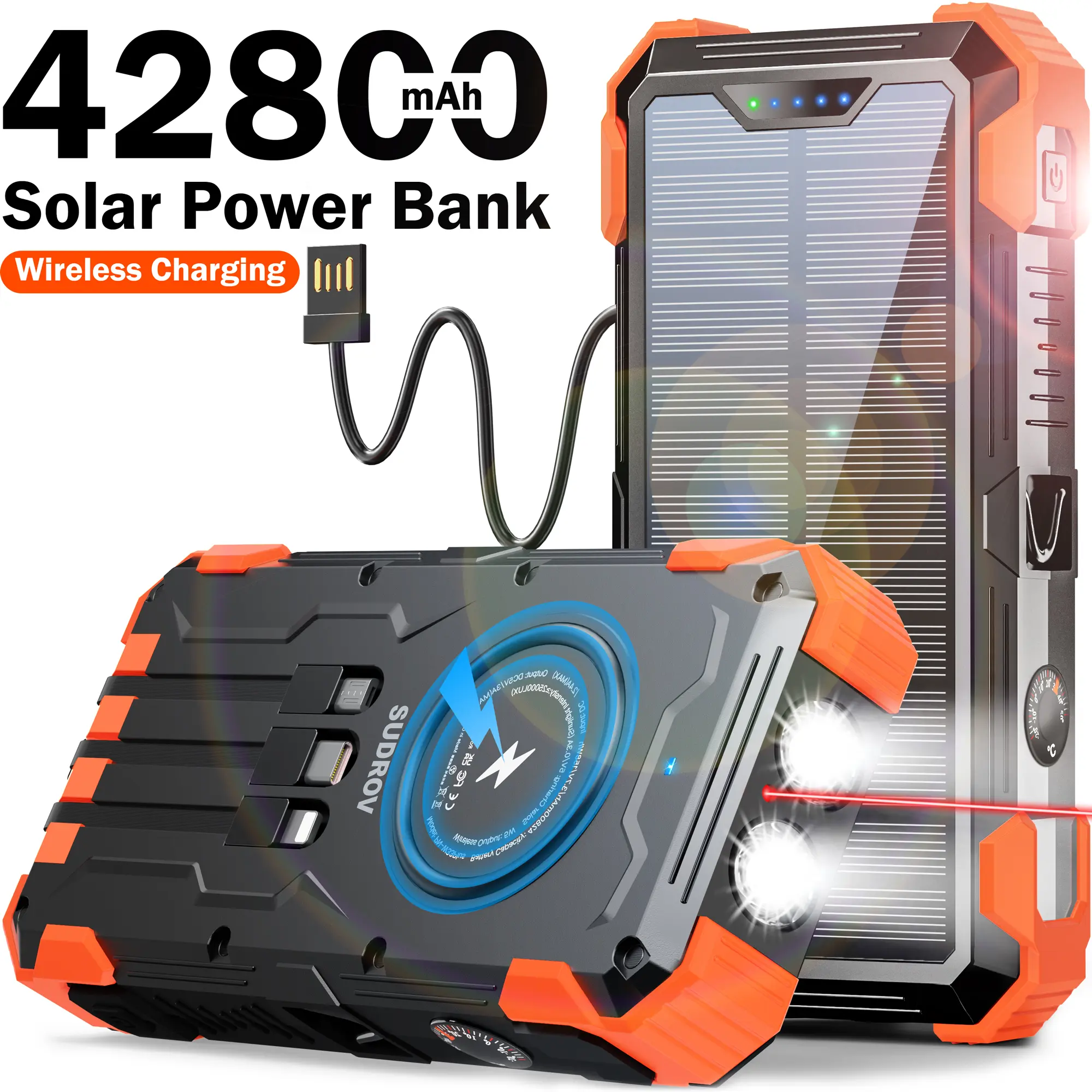 Sudrov 42800 mAh Solar Charger Power Bank Wireless Charger Built in 4 ...
