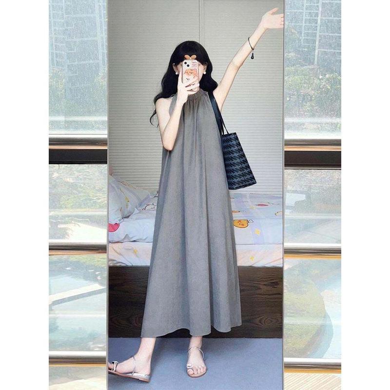 Gaun Tidur Kelabu, Gaya Korea, Rekaan Muda, Skirt Berlipat Panjang ...