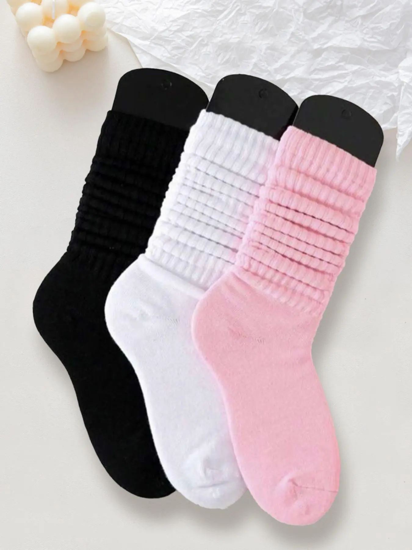 Women's 3 Pairs Minimalist Solid Scrunch Socks, Basic Simple Mid Calf ...