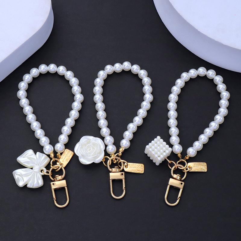 Simple Imitation Pearl Chain Keychains Fashion Beaded Bow Flower ...