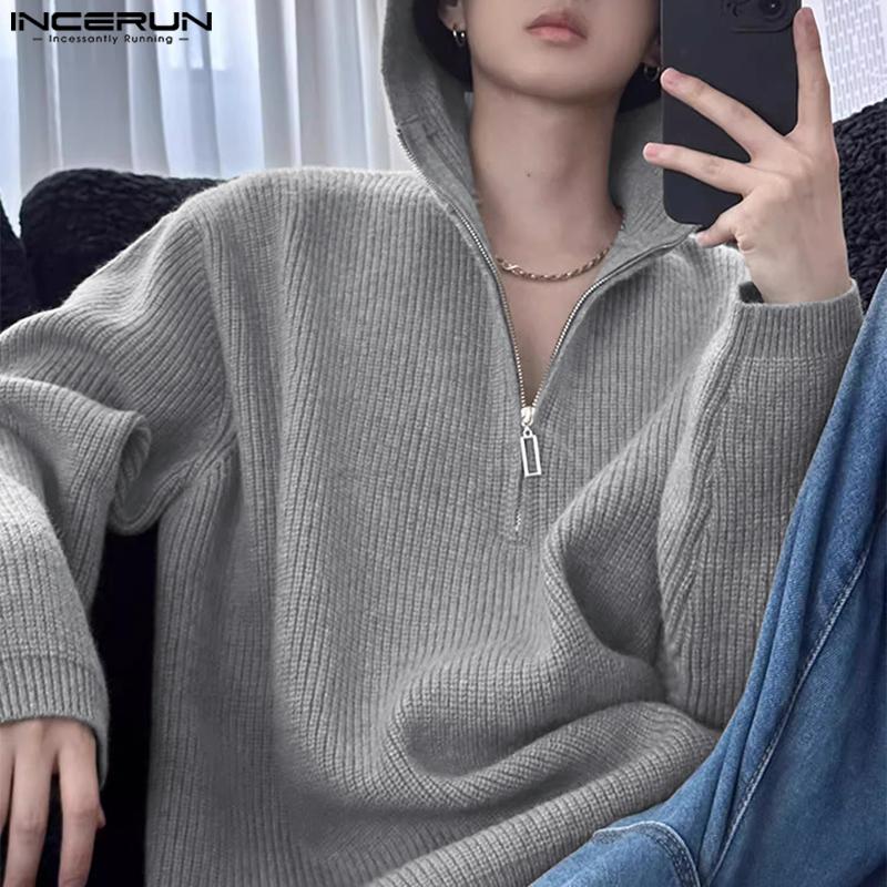 INCERUN Men's Winter Loose Slouchy Half-Zip Sweater Hooded Full ...
