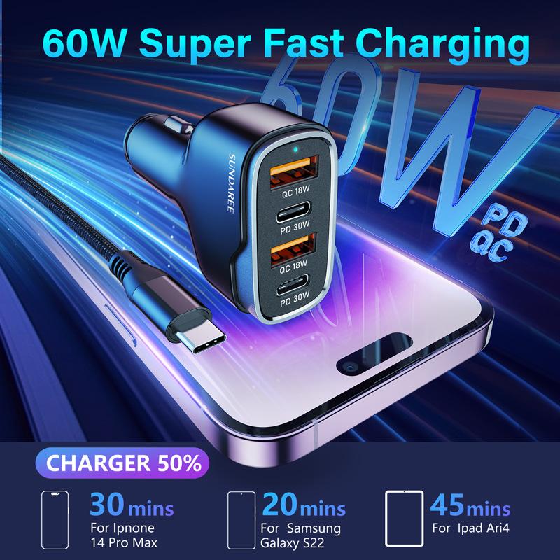 60W Car Charger Fast Charging Dual PD 30W + Dual QC 3.0 18W Car ...