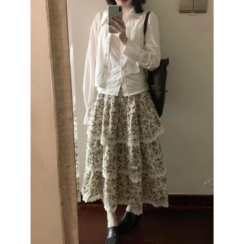 Skirt Pinggang Tinggi, Jahitan Renda Bunga Vintaj Gaya Perancis ...