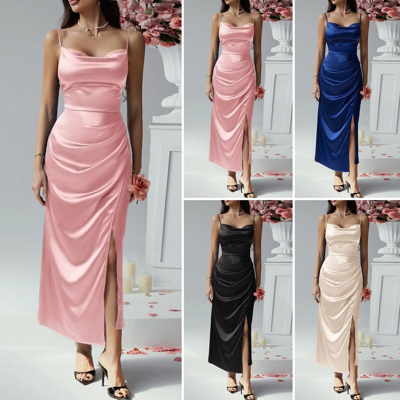 Gaun Bodycon Satin, untuk Wanita, dengan Tali Spageti, Celah - TikTok ...