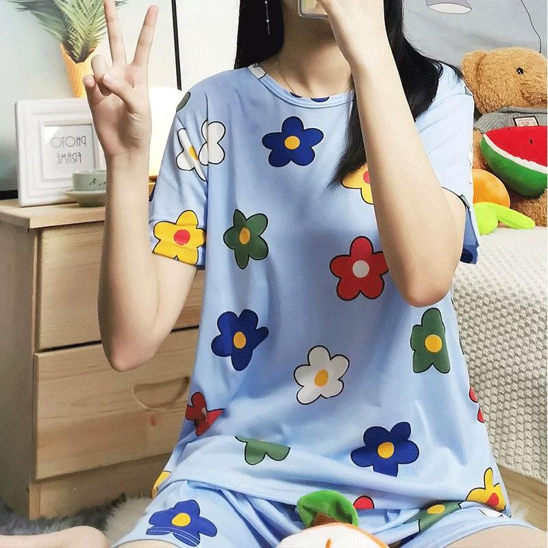 Korean Fashion Nightwear Set Cartoon Print Cotton Sleepwear Loungewear ...