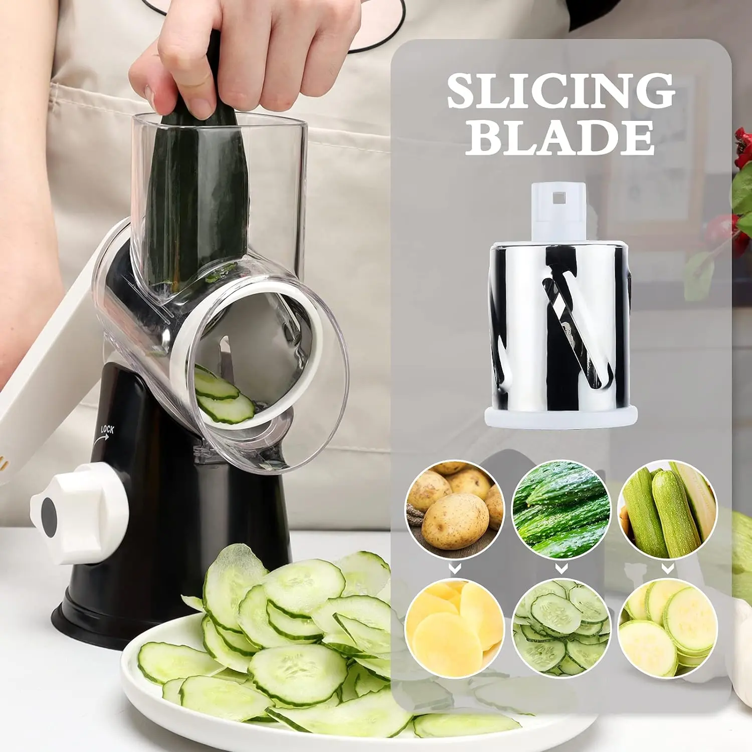 Rotary Cheese Grater with 3 Replacement Blade, 1 Piece Manual Vegetable ...