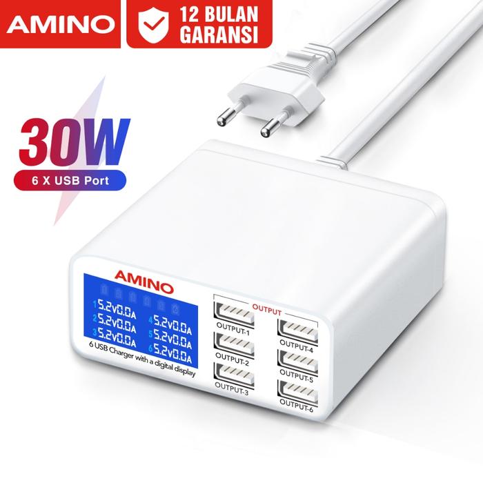 Promo AMINO 6 USB Port Multi Port Charger Fast Charger LED Function 30W ...