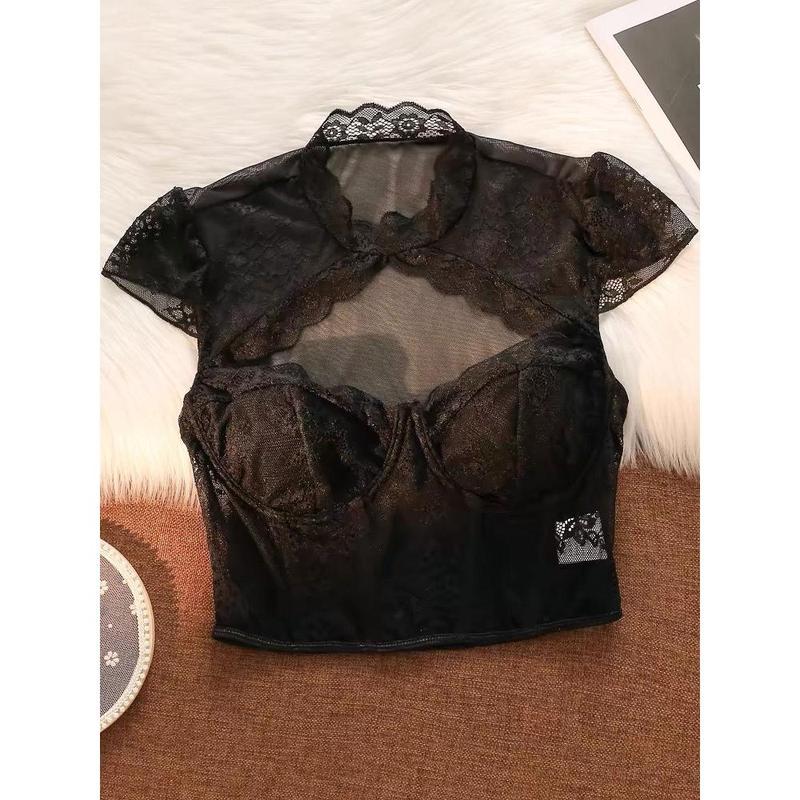 Y2g Women เสื้อก้างปลา ลูกไม้สีขาว สไตล์ฝรั่งเศส มีแผ่นรองหน้าอก ...