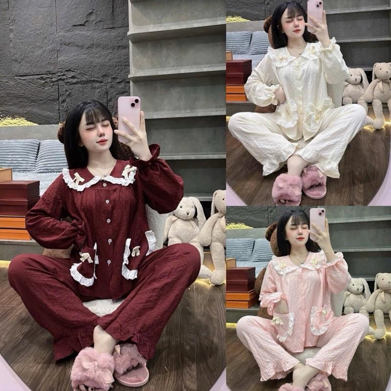 Bộ Pijama Nữ Chất Đũi Cao Cấp H149, Thiết Kế Cổ Sen Ren Nơ Sang - TikTok Shop Vietnam