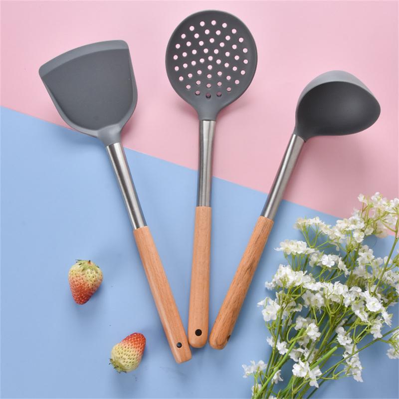 Set Peralatan Dapur Silikon, Pemegang Kayu, Termasuk Spatula, Sudu, dan ...