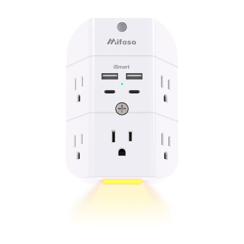 MIFASO 9-in-1 Smart Night Light Wall Outlet Extender with 5 AC Outlets, 2 USB-A, 2 USB-C Ports ...