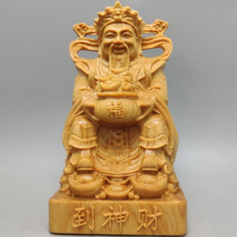 Cliff Cypress Wood Carving God of Wealth Arrives Ornament Living Room ...
