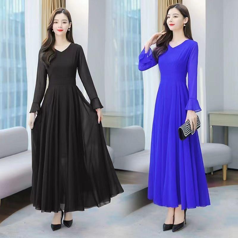 Gaun Sifon, Warna Pejal, Lengan Panjang, Pinggang Tinggi, Kesan ...