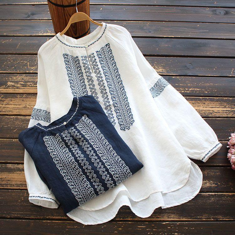 Embroidered Loose Round Neck Mid Length Shirt Southeast Asian Popular ...