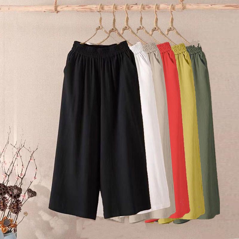M-4XL 3 Quarter Pants Women Wide Leg Palazo Slack Baggy Cotton - TikTok ...