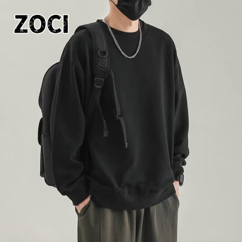 ZOCI 2025 เสื้อสเวตเตอร์คอกลมสีทึบผู้ชาย Ins แบรนด์แฟชั่นหลวมผ้าฝ้ายเท ...