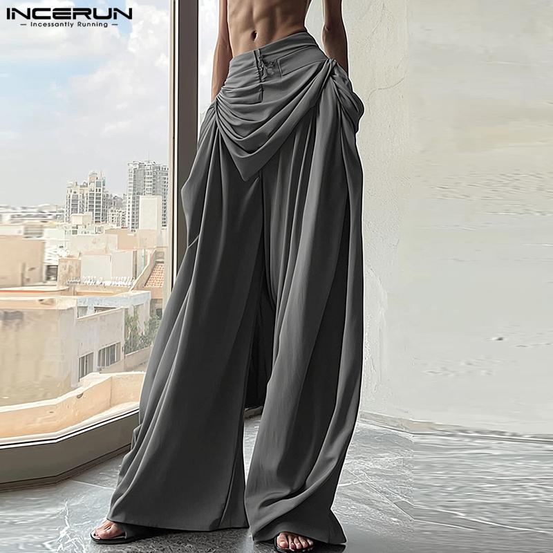 INCERUN Men's Fashion Wide Leg Long Pants Straight Pleated Solid ...