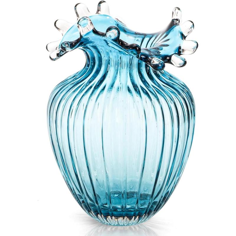 Hand Blown Glass Vase, Modern Art Decorative Blue Vase for Flower ...