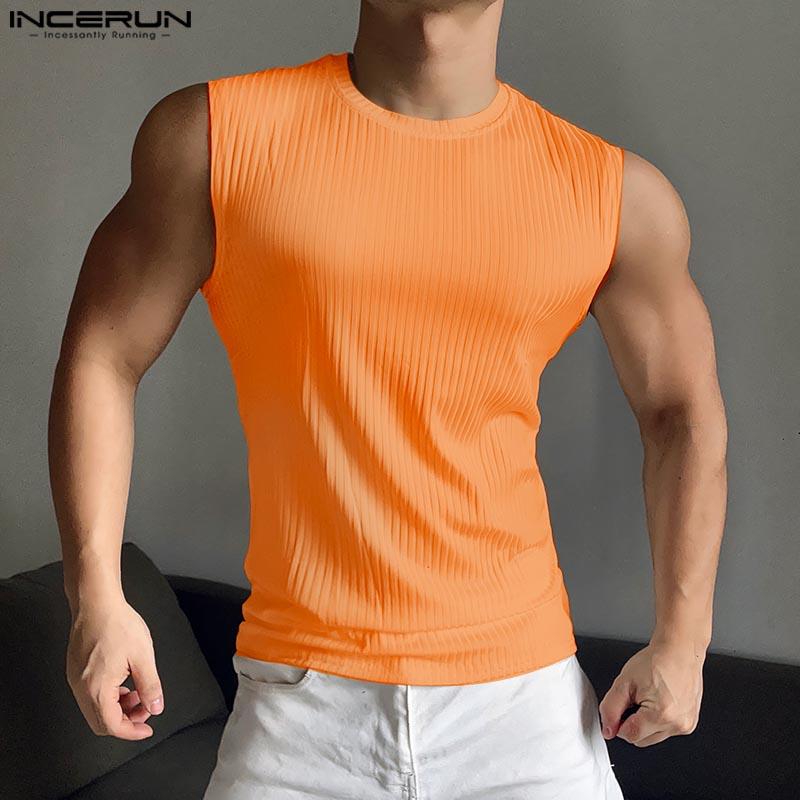 INCERUN Men's Sport Casual Crew Neck Texture Stripe Tanks Fashion ...