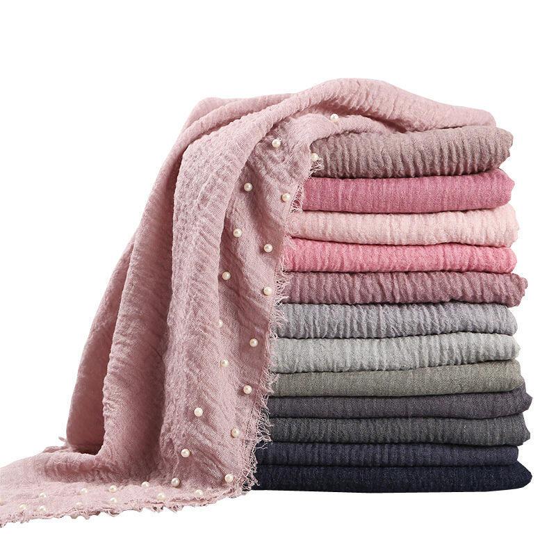 Jifang 55 Colors Women Pearls Cotton Shawl Pleated Crumple Plain Muslim ...