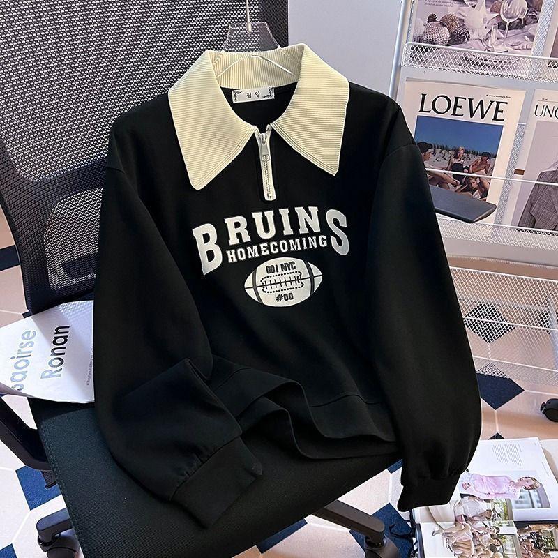 Kemeja-T Kolar Polo, Gaya Amerika, Sweater Lengan Panjang Wanita ...