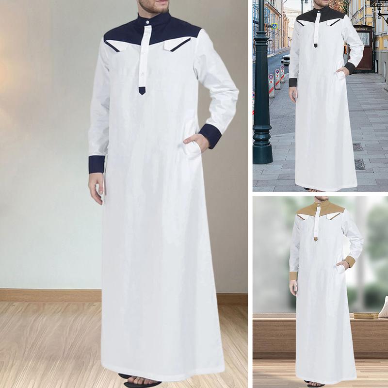 Men Mandarin Collar Long Sleeve Robe Contrast Color Buttons Half ...