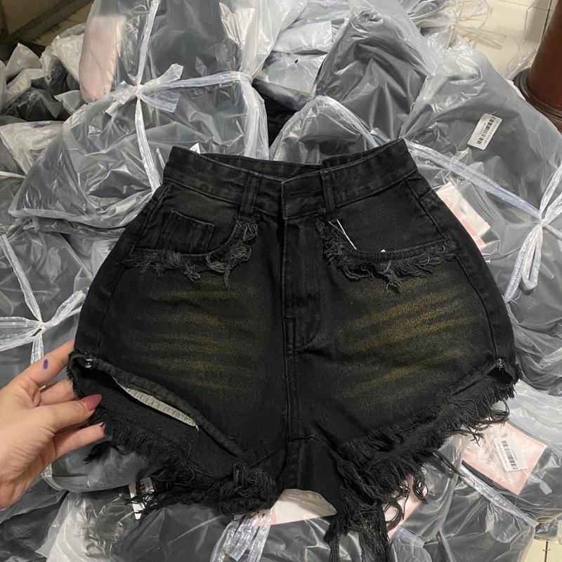 Sọt jeans nữ cạp cao túi tua lai gấp cotton xám khói đen thờ - TikTok ...