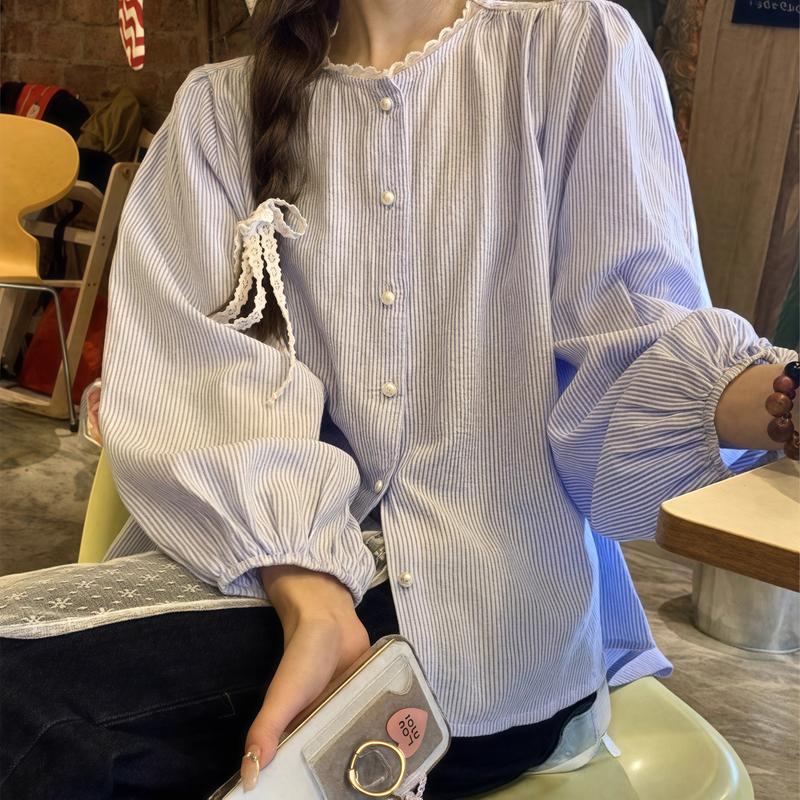 Kemeja Wanita, Gaya Perancis Chic, Leher Bulat, Berjalur Butang Mutiara ...