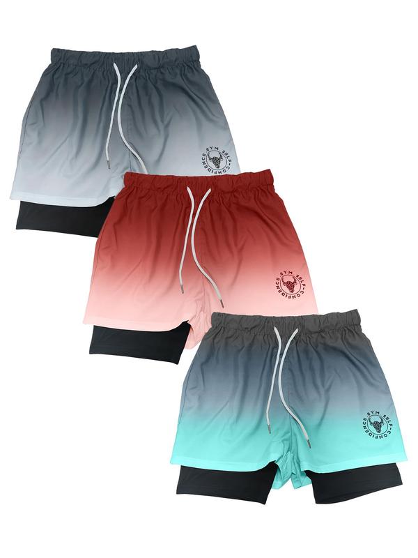 Men's 2 in 1 Ombre Letter Print Drawstring Waist Shorts, Casual ...