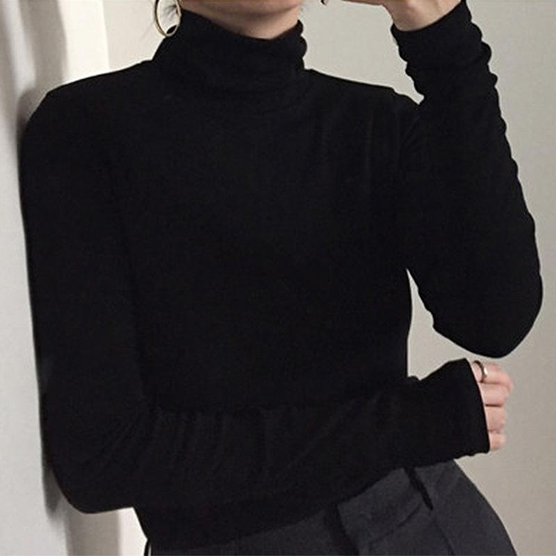 Kemeja turtleneck lapisan asas cod untuk wanita, warna pepejal ...