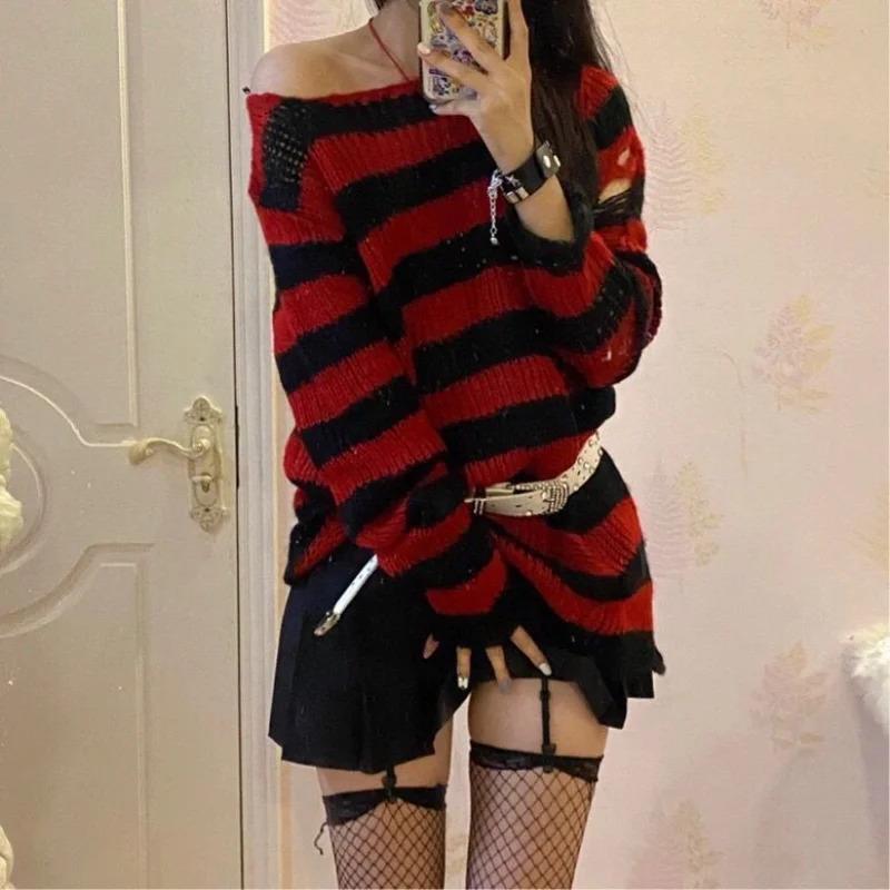 New Punk Gothic Long Unisex Sweater Summer Women Striped Cool Hollow Out Hole Broken Jumper ...