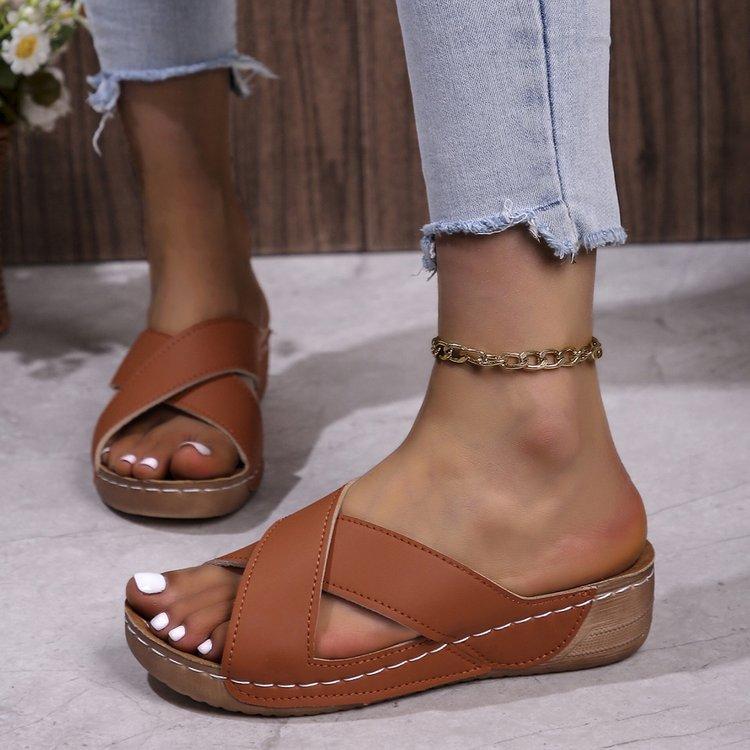 Selipar Wanita, Saiz Besar, Kaki Bulat Baji, Warna Pepejal, Jahitan ...