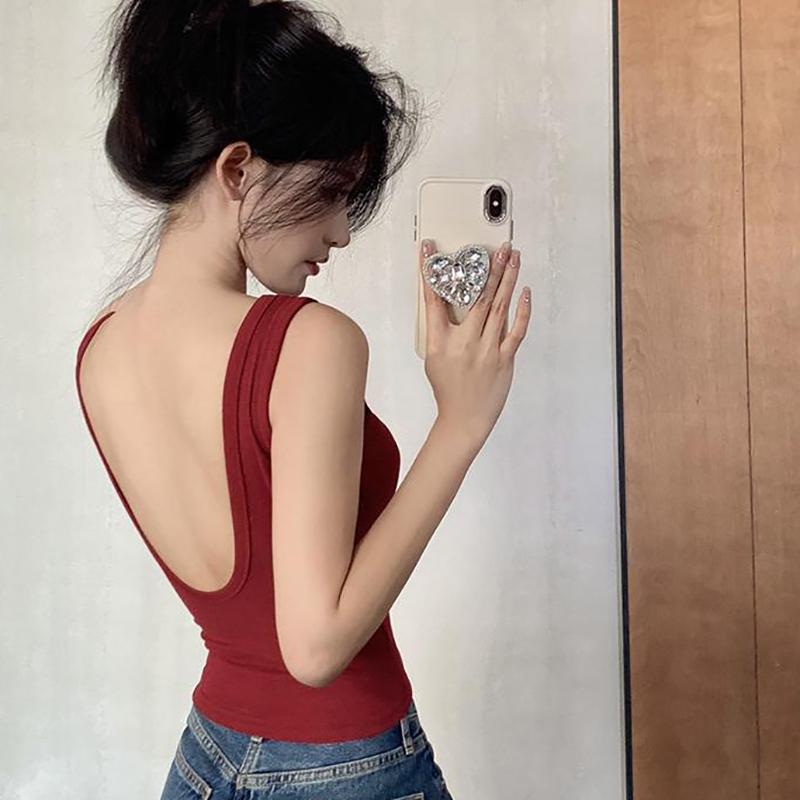 Summer Backless Camisole With Chest Pad Women Solid Color U Neck ...