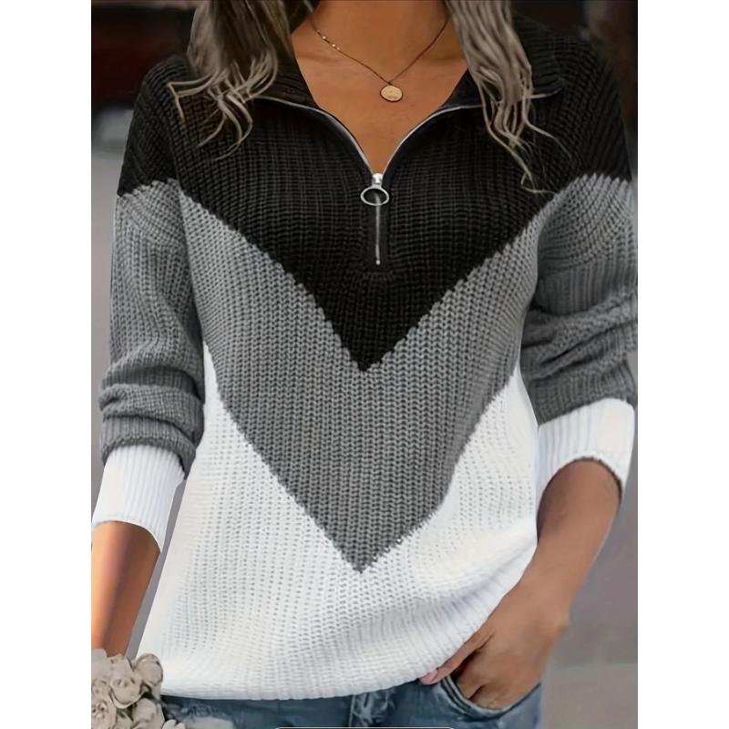 Color Block Quarter Zip Sweater, Casual Long Sleeve Sweater For ...