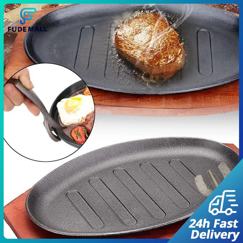 FUDE - Cast Iron Oval sizzling plate With Wood Base Steak Grill ...