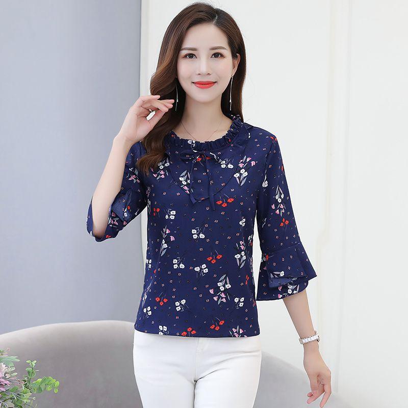 Baju Atasan Manis Korea, Untuk Wanita, Blaus Sifon Bunga, Kemeja ...