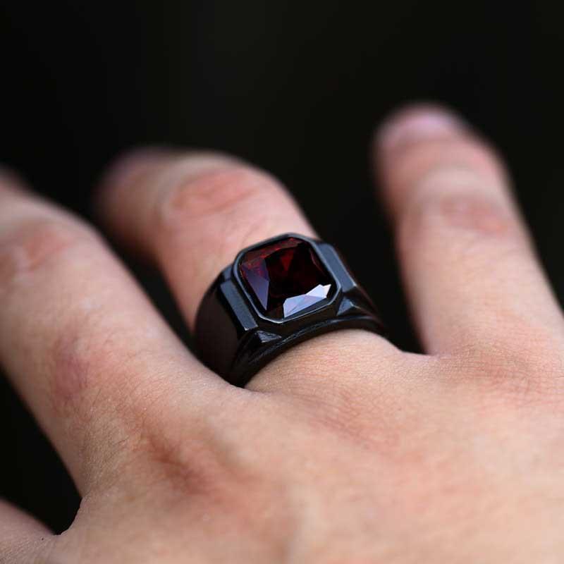 Cincin Titanium Steel, Gaya Retro, Batu Zirkon Merah dan Hitam ...