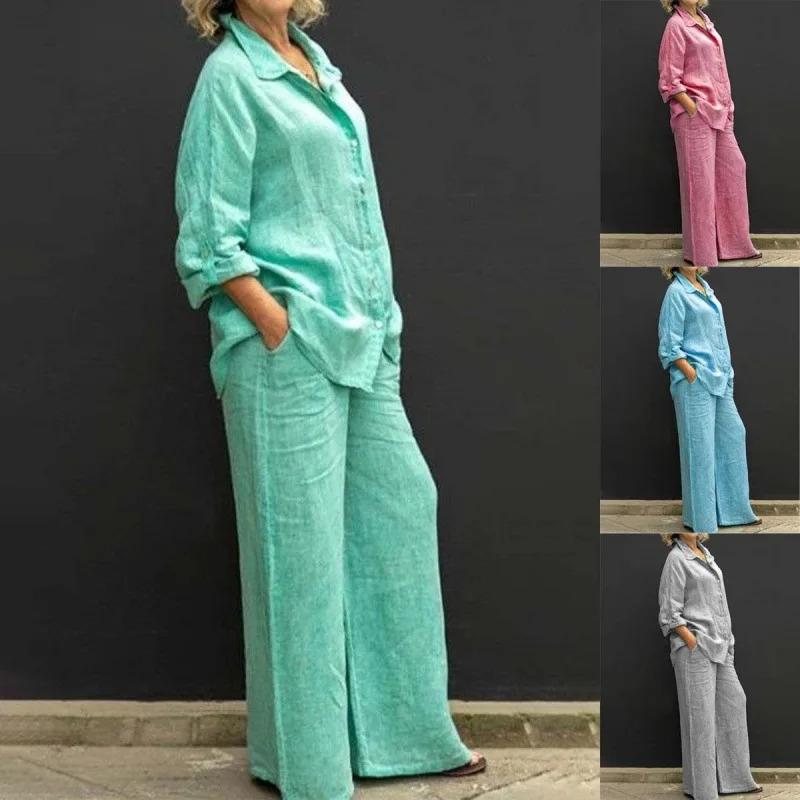 Casual Cotton Linen Two Pieces Set Women Autumn Long Sleeve Shirt ...