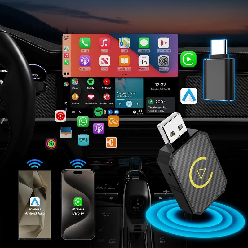2-in-1 Wireless CarPlay & Android Auto Adapter, Plug-and-Play Bluetooth ...