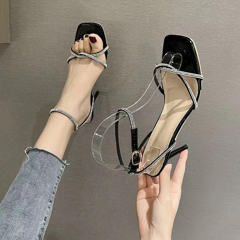 Sandal bertali berlian buatan wanita, kasut tumit tinggi, Stiletto ...