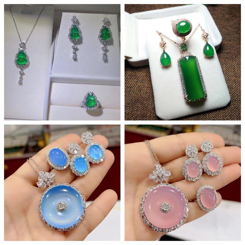 Set Tiga Keping Jed, Borong Kilang, Chalcedony Hijau Ais Tinggi ...