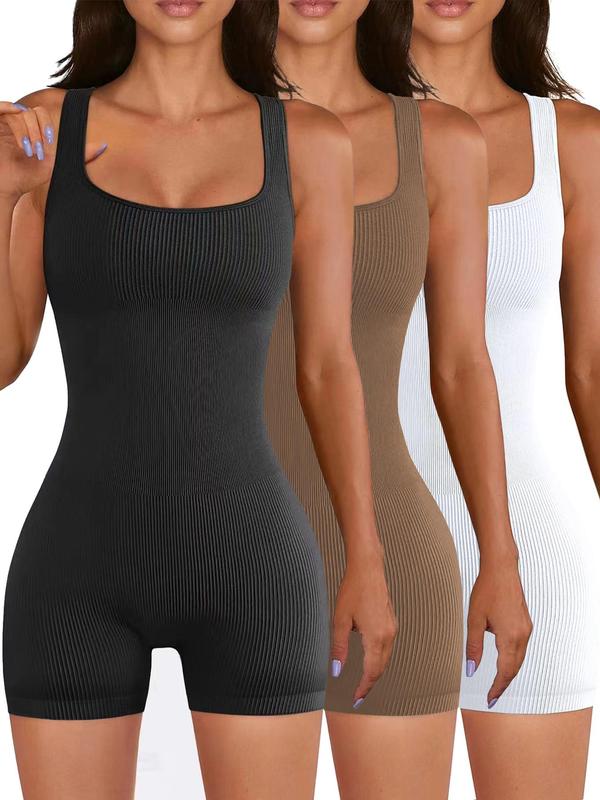 Women's 3pcs Plain Scoop Neck Sports Bodysuit, Casual Flattering ...