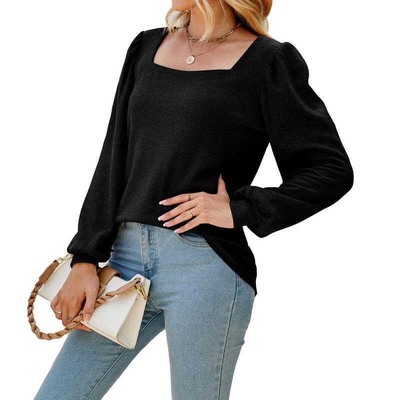 Women's Puff Long Sleeve Shirts Casual Pure Color Square Nec - TikTok Shop