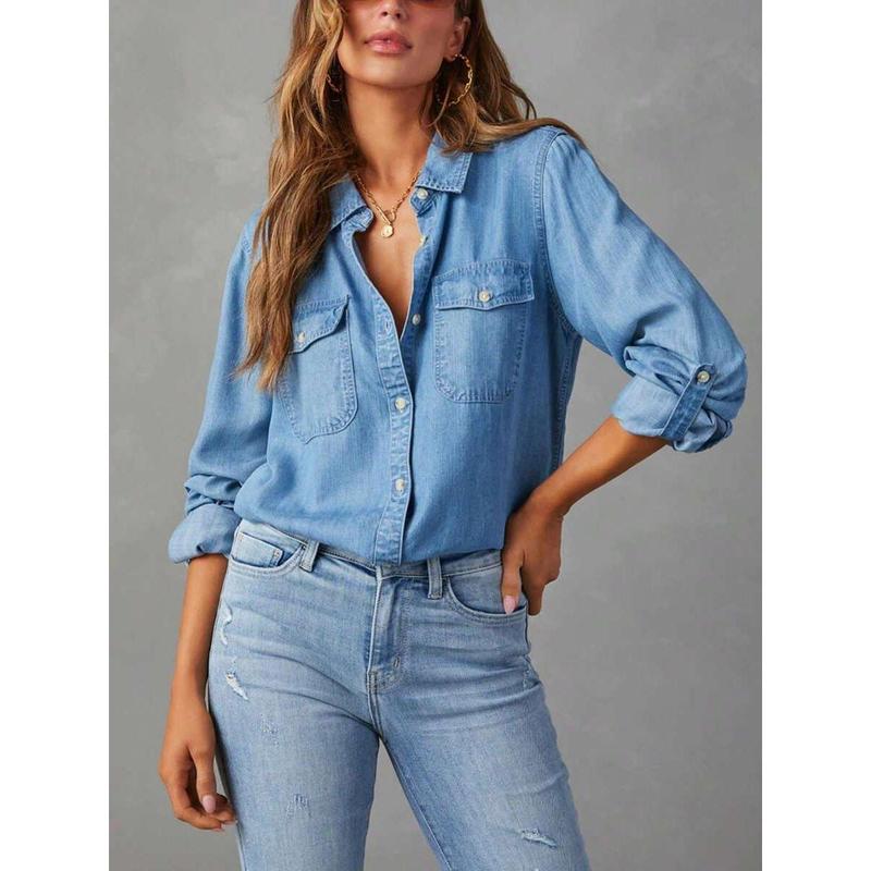 Women Denim Shirts Solid Color Turn Down Collar Long Sleeve Jean ...