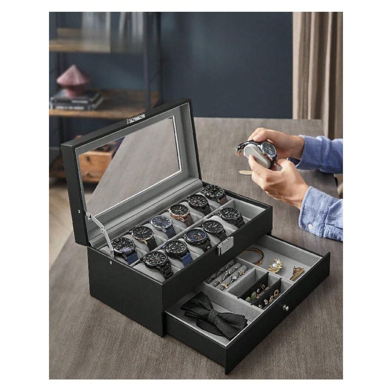 12 Slot PU Leather Watch Storage Box with Metal Lock, Glass Lid ...