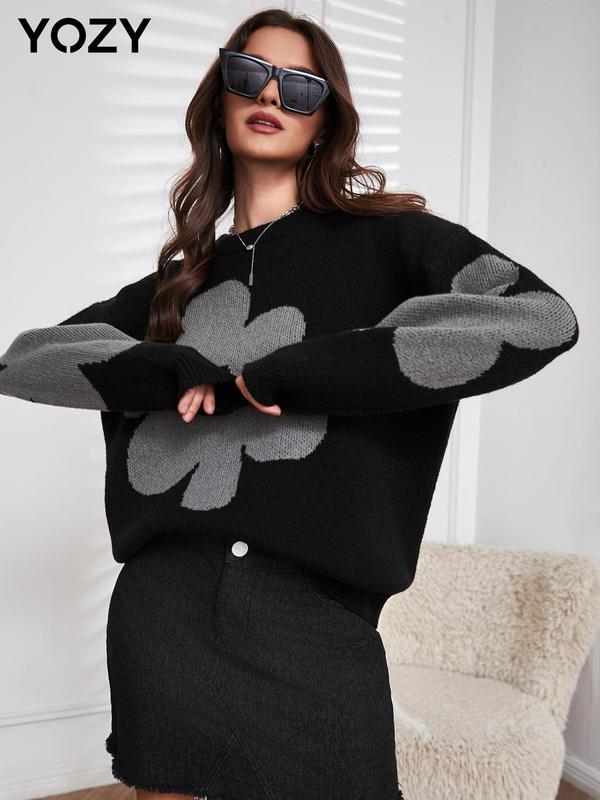YOZY Floral Print Sweater, Casual Comfort Round Neck Drop Shoulder ...