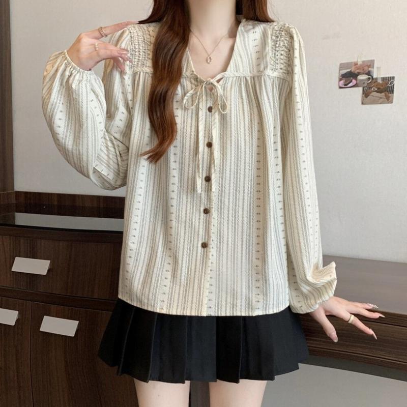 FADFAD Atasan kemeja gaya retro bergaris lengan panjang dan tali - Shop ...