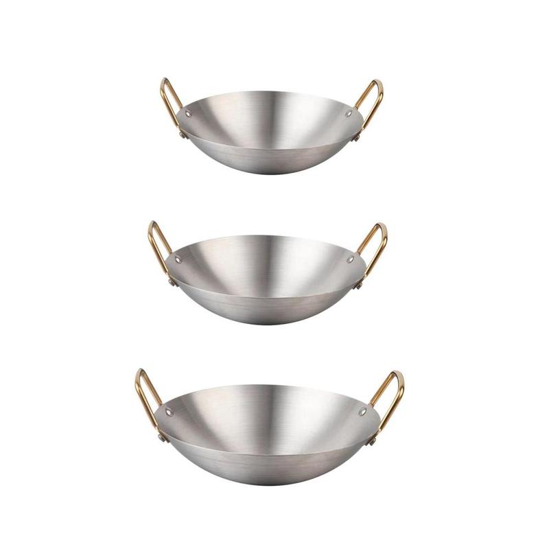 Stainless Steel Wok Restaurant Double Handles Round Bottom Skillet ...