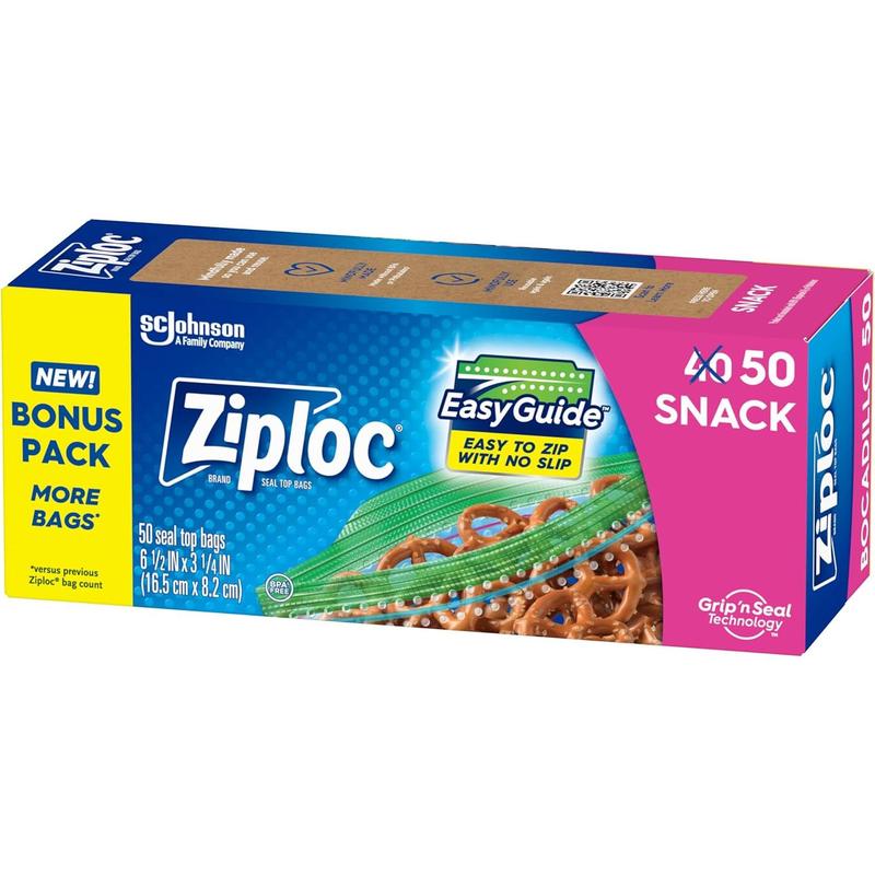Ziploc Snack Bags with EasyGuide Texture, Small Plastic Storage Bags with Grip 'N Seal ...