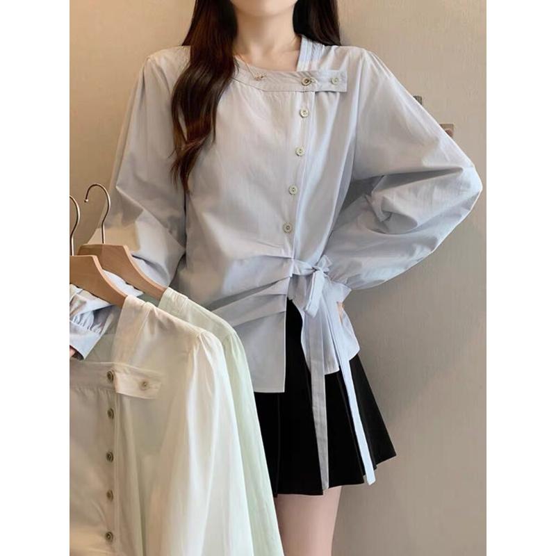 FADFAD Atasan Lengan Panjang Kerah Asimetris dengan Kancing dan - Shop ...